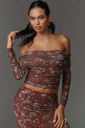 Maeve Aleda Mesh Off-Shoulder Top Brown Pattern