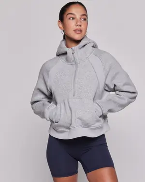 REBODY Fleece Half Zip Boxy Hoodie - Heather Grey