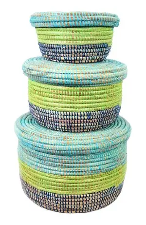 MBARE Flat Lid Storage Basketset Of 3 - Coastal Blue