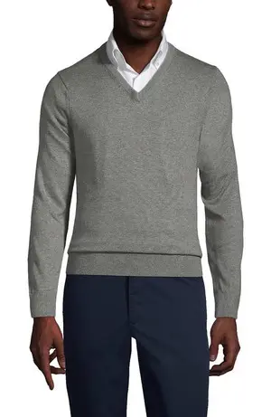 LANDS' END Lands' End School Uniform Cotton Modal Fine Gauge V-Neck Sweater Pewter Heather