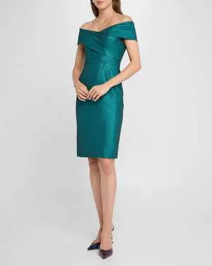 Rickie Freeman For Teri Jon Off-Shoulder Metallic Jacquard Dress In Emerald  - 75% Off | Editorialist