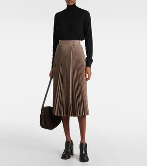 Burberry Pleated Wool Midi Skirt - Brown