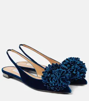 AQUAZZURA Velvet Slingback Flats With Flower Detail - Blue