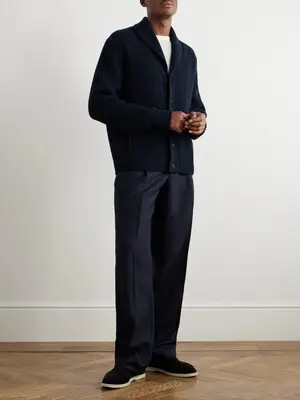Loro Piana Shawl-collar Ribbed Wool Cardigan