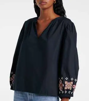 Velvet By Graham & Spencer Paola Embroidered Cotton Blouse - Black