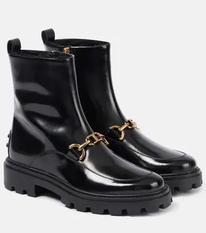 TOD'S Patent Leather Chelsea Boots With Gold Tone Chain Detailing