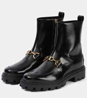 TOD'S Patent Leather Chelsea Boots With Gold Tone Chain Detailing