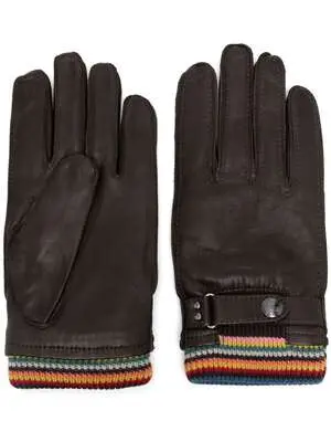 Paul Smith Grained Leather Gloves With Striped Cuffs - Brown