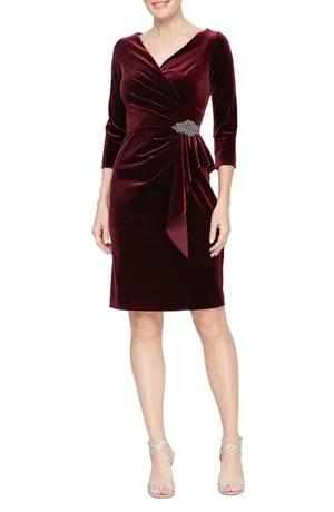 Alex Evenings Embellished Velvet Cocktail Sheath Dress - Wine