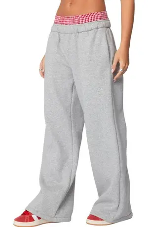 EDIKTED Gingham Waist Wide Leg Sweatpants - Gray