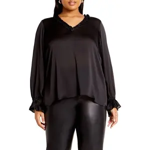 City Chic Maia Ruffle Fluted Sleeve Satin Top - Black