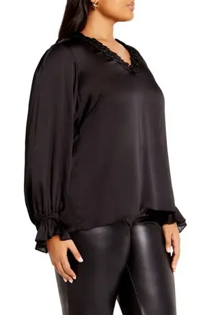 City Chic Maia Ruffle Fluted Sleeve Satin Top - Black