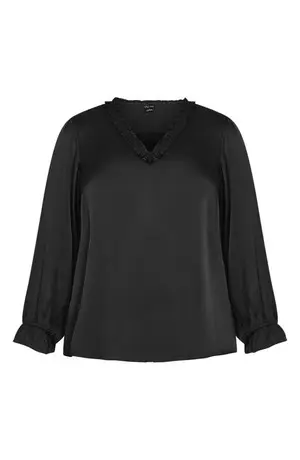 City Chic Maia Ruffle Fluted Sleeve Satin Top - Black