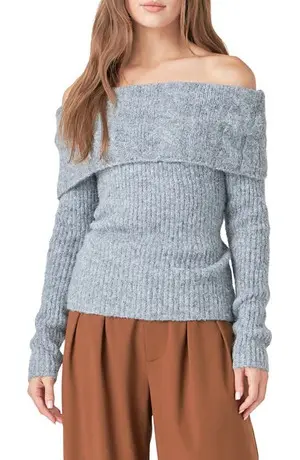 Endless Rose Off-the-shoulder Ribbed Sweater - Heather Grey