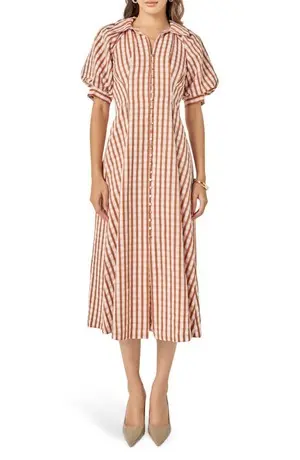English Factory Gingham Puff Sleeve Midi Shirtdress - Pink Multi