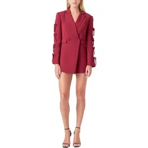 Endless Rose Bow Long Sleeve Blazer Romper - Burgundy