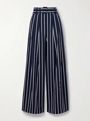 Veronica Beard Maliyah Belted Striped Cotton-blend Wide-leg Trousers