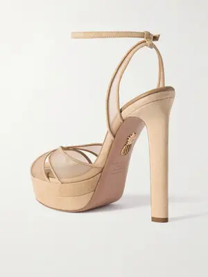 AQUAZZURA Divine Plateau 130 Suede And Tulle Platform Sandals - Neutrals