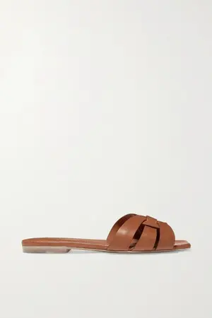 Saint Laurent Tribute Woven Leather Slides - Brown