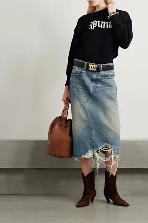 R13 Jesse Distressed Denim Midi Skirt