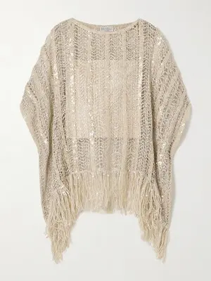 Brunello Cucinelli Fringed Sequin-embellished Open-knit Top