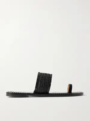 AMANU The Shela Fringed Braided Leather Slides - Black
