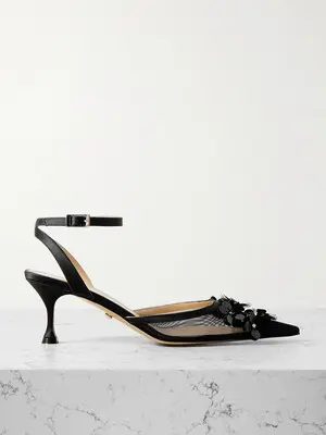 Mach & Mach Satin-trimmed Embellished Mesh Pumps