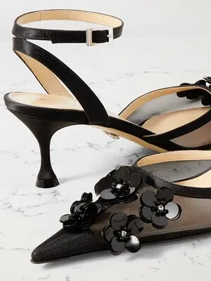 Mach & Mach Satin-trimmed Embellished Mesh Pumps