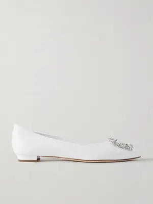 Manolo Blahnik Hangisi 10 Crystal-embellished Leather Flats - White