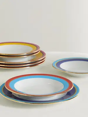 La DoubleJ Set Of Four Gold-plated Porcelain Soup Bowls And Dinner Plates - White