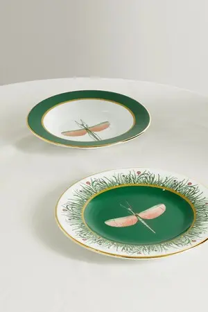 La DoubleJ Gold-plated Porcelain Soup Bowl And Dinner Plate Set - Green