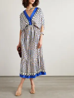 LEMLEM Leila Gathered Printed Ecovero™-blend Satin Midi Dress