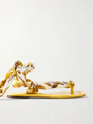 Dolce & Gabbana Maiolica Capri Scarf Leather-trimmed Printed Twill Sandals - Yellow