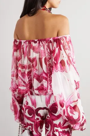 Dolce & Gabbana Maiolica Off-the-shoulder Printed Silk-georgette Top