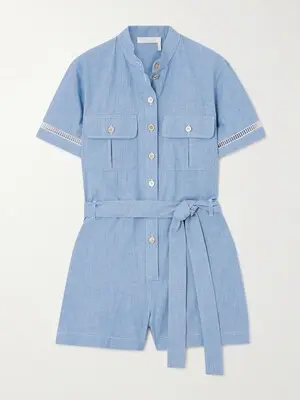 Chloé Belted Crochet-trimmed Cotton-chambray Playsuit - Blue