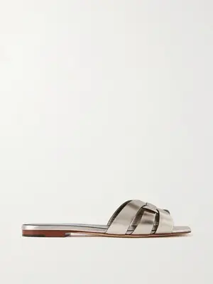 Saint Laurent Tribute Woven Metallic Leather Slides - Silver