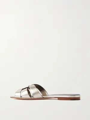 Saint Laurent Tribute Woven Metallic Leather Slides - Silver