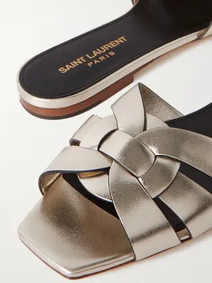 Saint Laurent Tribute Woven Metallic Leather Slides - Silver