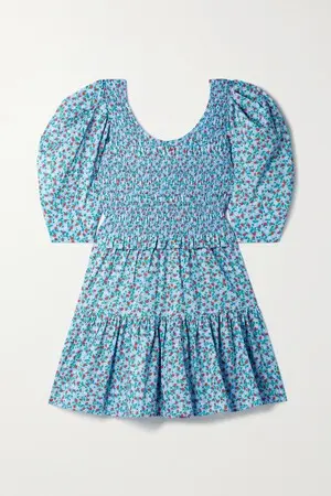Sea Lilly Ruffled Smocked Printed Mini Dress - Blue
