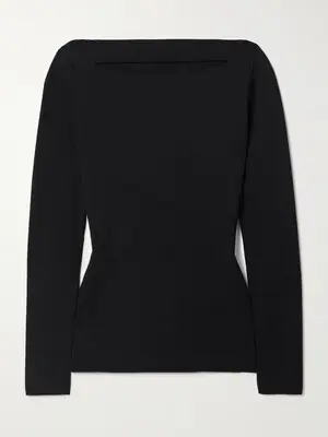 Another Tomorrow Net Sustain Cutout Knitted Top - Black