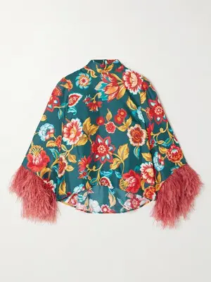 La DoubleJ Feather-trimmed Floral-print Silk-twill Top