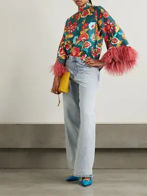 La DoubleJ Feather-trimmed Floral-print Silk-twill Top