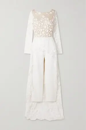 Rime Arodaky Patsy Lace-trimmed Embroidered Tulle And Crepe Jumpsuit - White