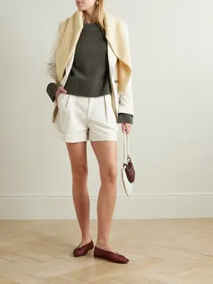 FRAME Pleated Pinstriped Cotton-blend Drill Shorts