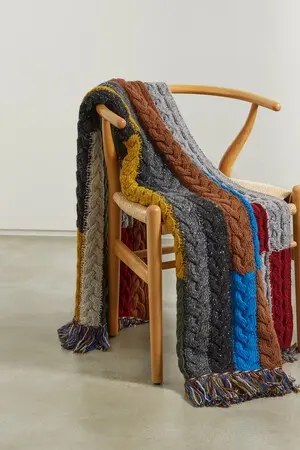 Alanui Tierra Del Fuego Fringed Striped Cable-knit Wool And Cashmere-blend Blanket - Yellow