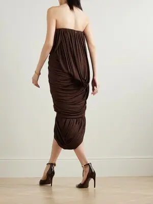 Loewe Strapless Draped Gathered Jersey Midi Dress