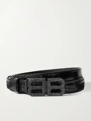 Balenciaga Bb Hourglass Crystal-embellished Croc-effect Leather Belt - Black