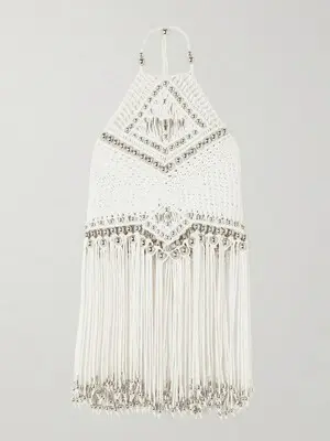 Rabanne Fringed Embellished Macramé Halterneck Top - White