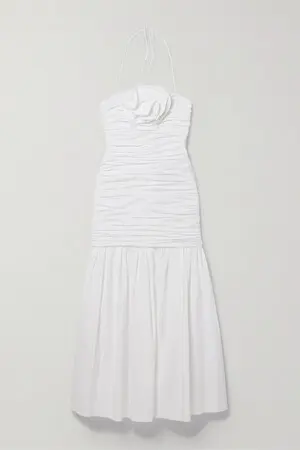 Carolina Herrera Ruched Appliquéd Cotton-blend Poplin Midi Dress - White