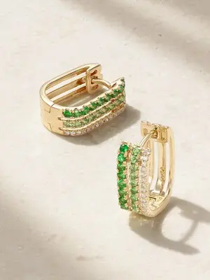 ROXANNE FIRST Triple 14-karat Gold, Garnet And Diamond Hoop Earrings - Green